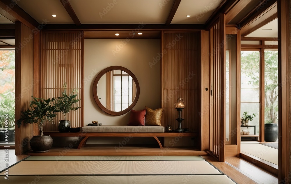 Entrance hall is designed in a modern Japanese style, featuring a door ...