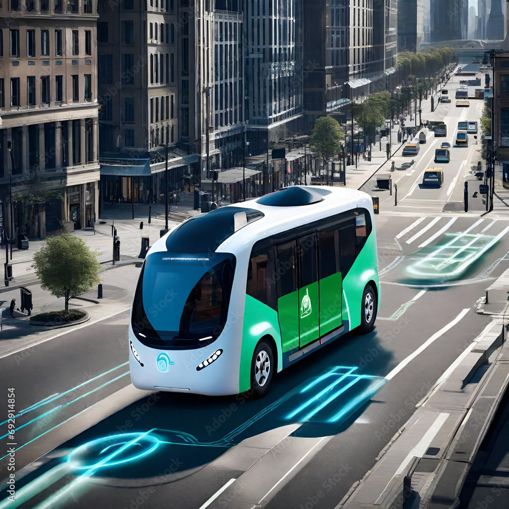A self-driving bus or shuttle navigating city streets, showcasing the ...