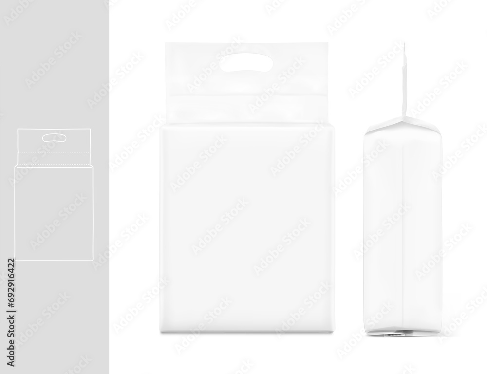 Realistic stand bag with hole handle mockup. Front and side view ...