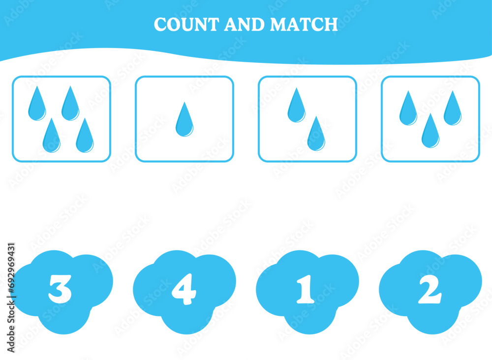 Count and match game with rain drop. Educational worksheet design for ...