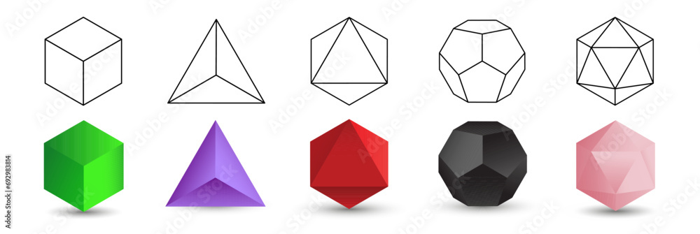 Set of colorful vector editable 3D platonic solids isolated on white ...
