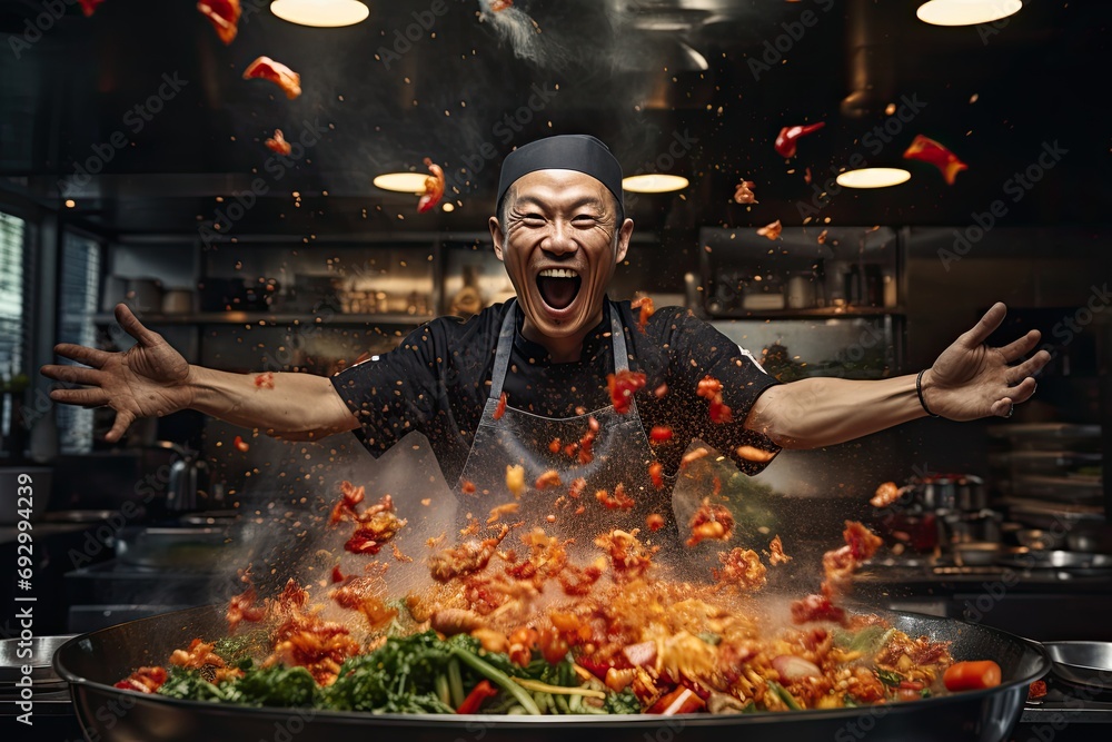 Dynamic and action-packed shot of a chef tossing vegetables in a wok ...