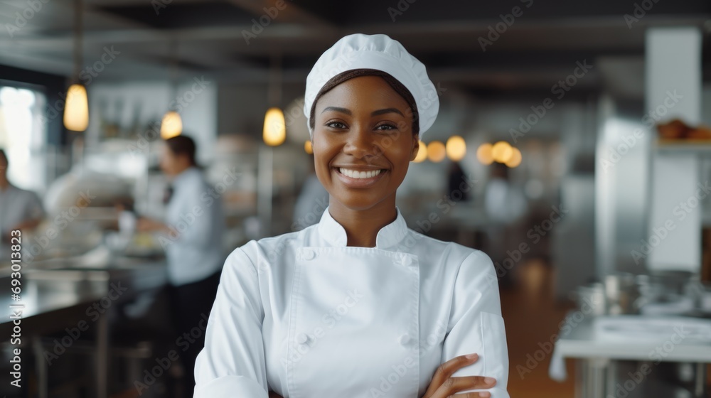 african american black woman as chef standing in kitchen with smile, ai ...
