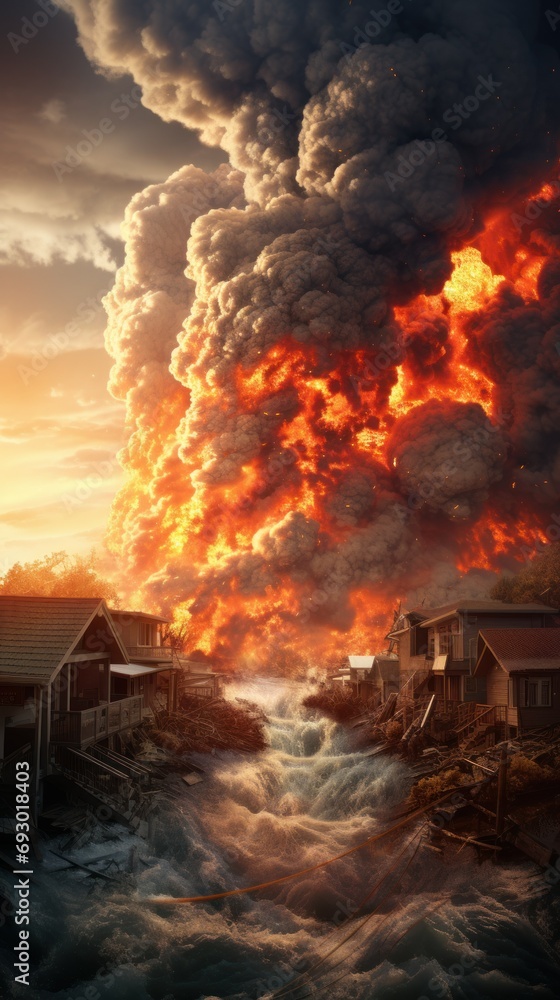 vertical post-apocalyptic city with a hurricane with rain, fire ...