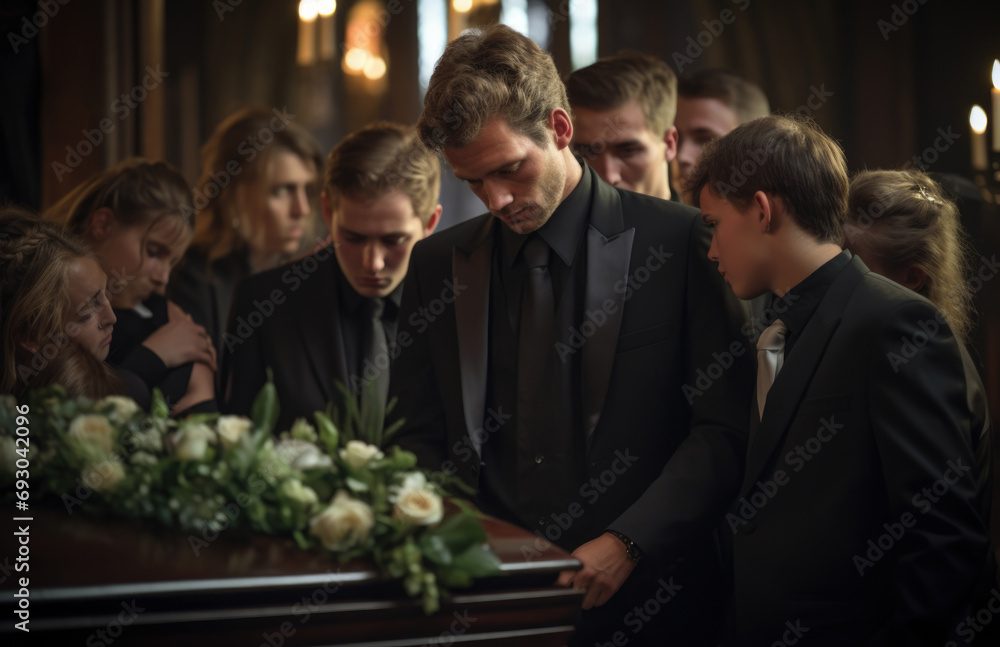 Death, funeral and family touching coffin in a church, sad and unhappy ...