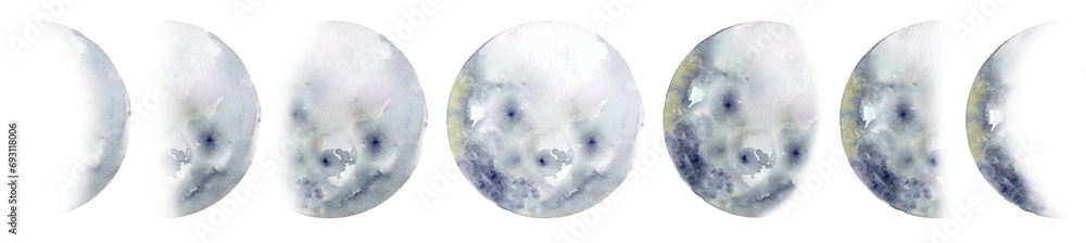 Watercolor Moon Phases set. Hand drawn clipart of lunar cycle, Black ...