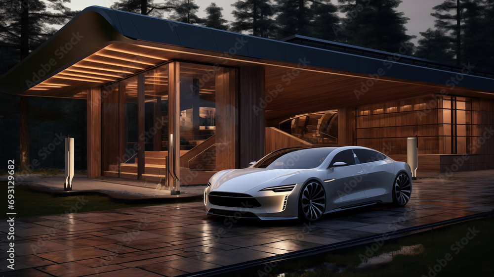 Electric car connected to the power unity in the interior of the modern ...