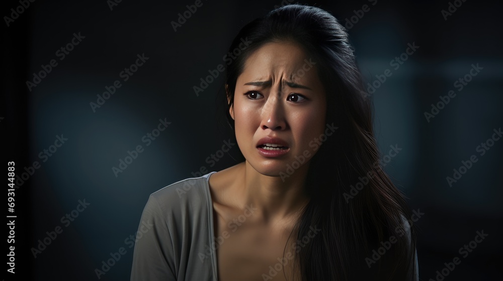 frustrated and depressed young Asian woman crying tears, representing ...