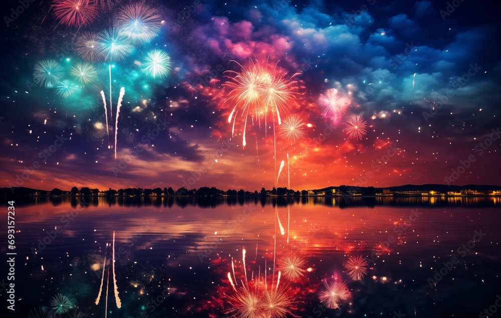 fireworks in the night sky over a lake, in the style of bold and ...