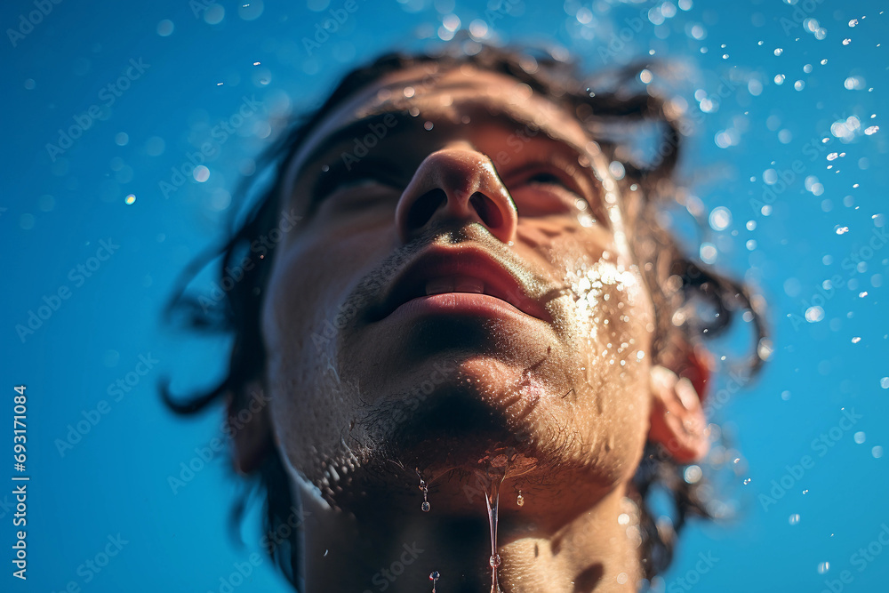 blending human with nature, face merging with a flowing waterfall, eyes ...