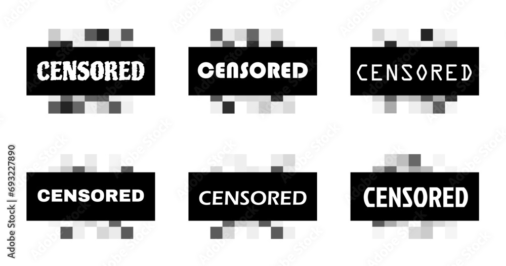 Censorship elements of various types. Set of Pixel censored signs. Black censor bar concept ...
