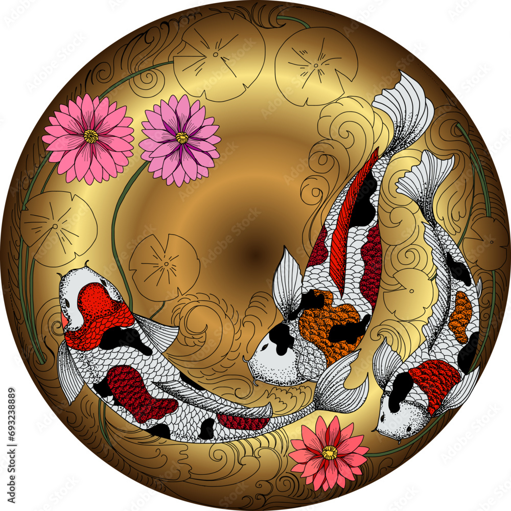 hand drawn koi fish in circle, Japanese carp line drawing coloring book ...