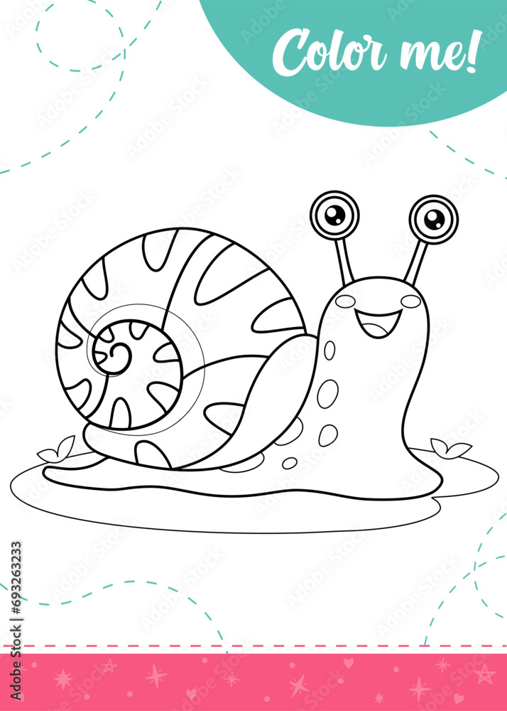 Coloring page for kids with cartoon snail. A printable worksheet ...