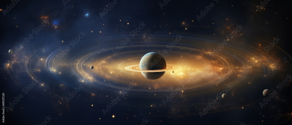 Solar system, gold and a little blue, surrounded by Particles, Solid ...