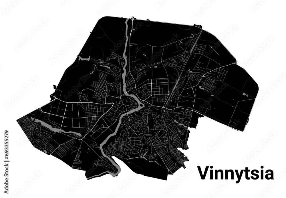Vinnytsia city map, Ukraine. Municipal administrative borders, black ...