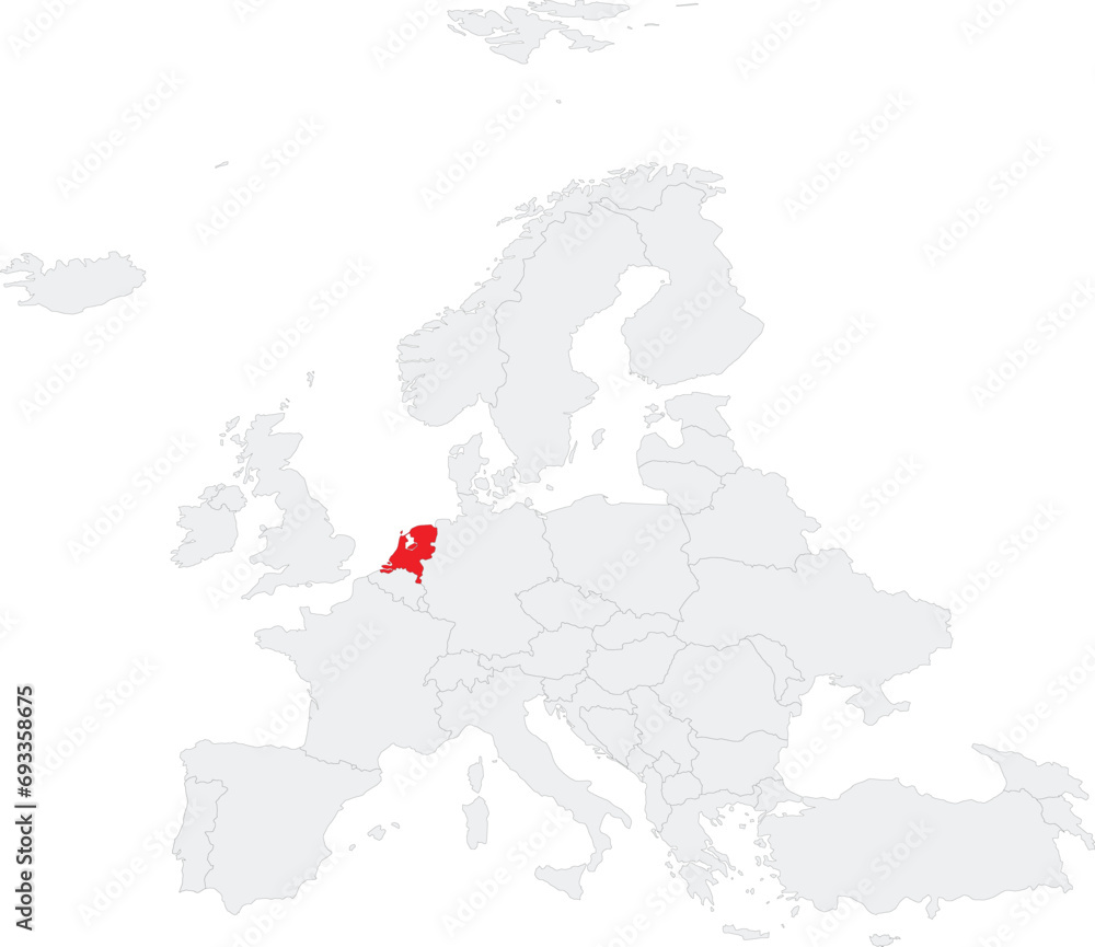 Red CMYK national map of NETHERLANDS inside gray blank political map of ...