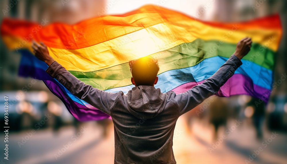 LGBTQ person holding rainbow flag back view in sunlight. copy space ...