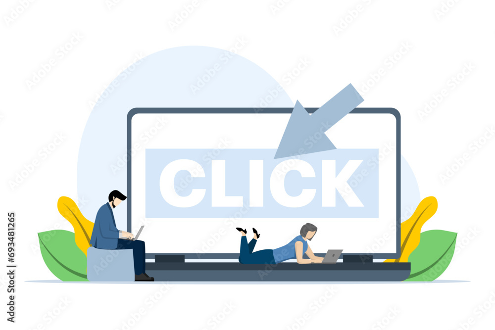 Internet concept. Click the button here on the laptop screen. Cursor pointer sign. Little people ...