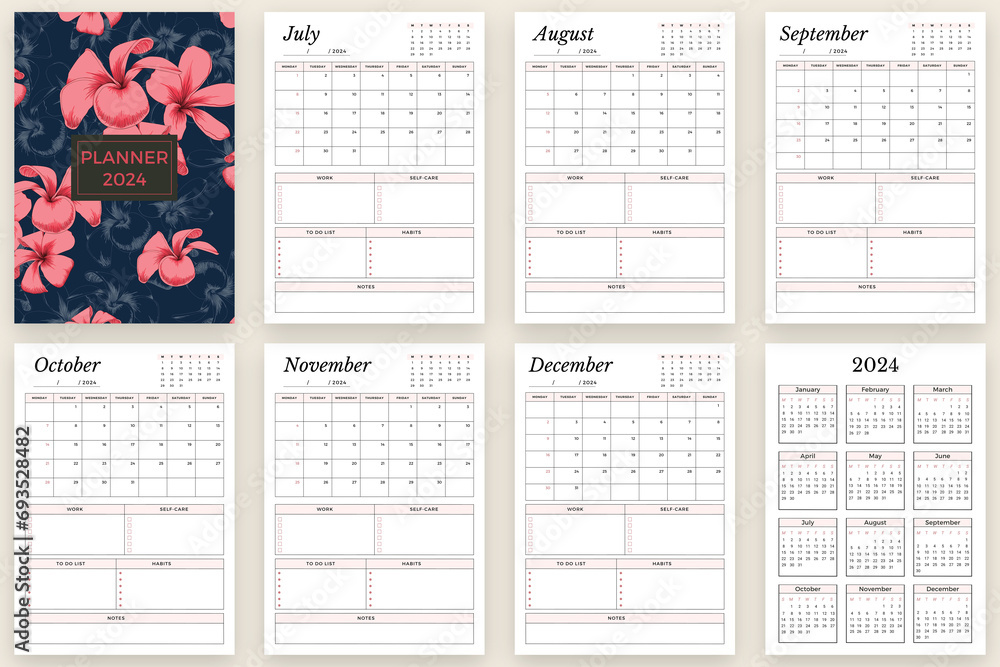Pink Minimalist Monthly Calendar 2024 Planner Bundle and cover Stock ...
