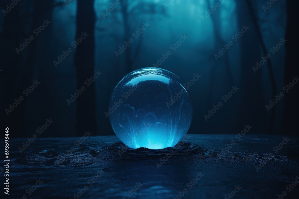 Crystal ball in a magical and gloomy forest with fog, fantasy concept ...