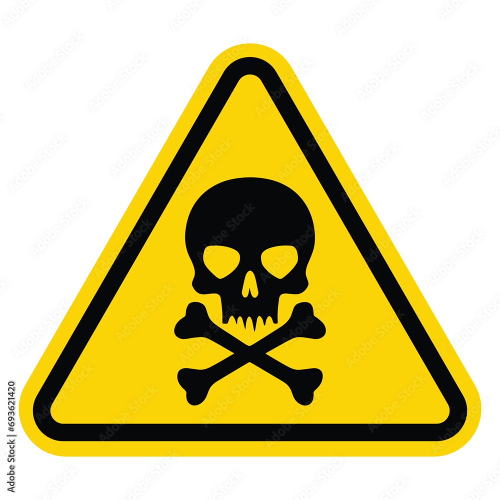 Yellow triangular Danger poison sign with skull and cross bones ...