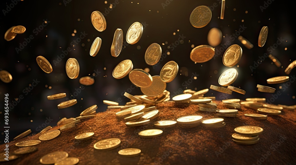 dynamic movement of falling gold coins. Speed and angles of movement of ...