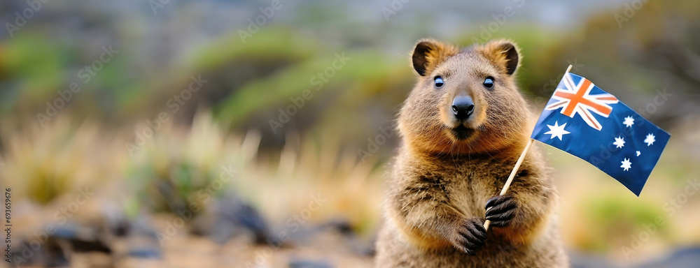 Quokka Holding Australian Flag with Natural Background An adorable ...