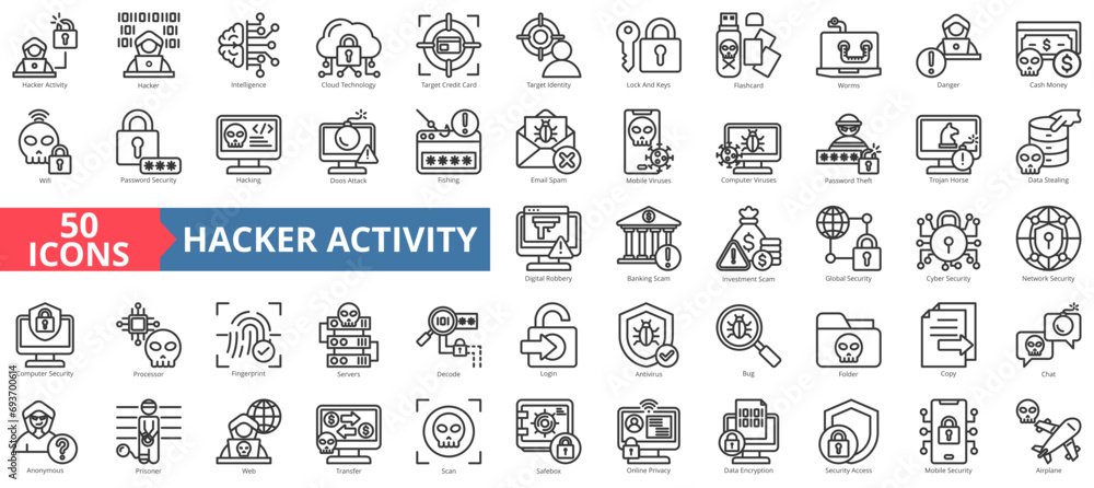 Hacker activity icon collection set. Containing hacker activity,artificial intelligence,cloud ...