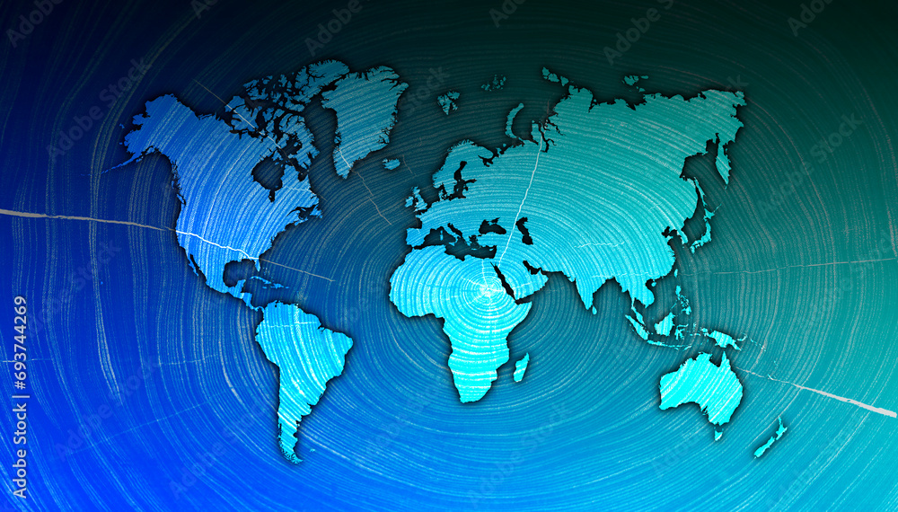World map of oceans and continents with textured background showing ...