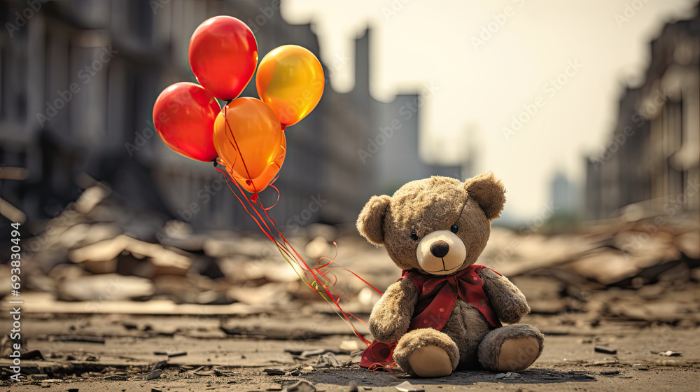 Kids teddy bear toy with balloons over city burned destruction of an ...
