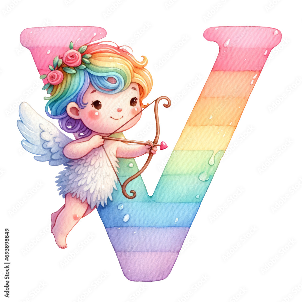 Letter V Alphabet V Cupid Rainbow Watercolor Nursery Hand drawn Style ...