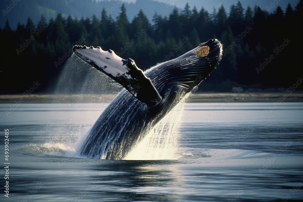 A humpback whale breaches the surface of the water, its massive tail ...