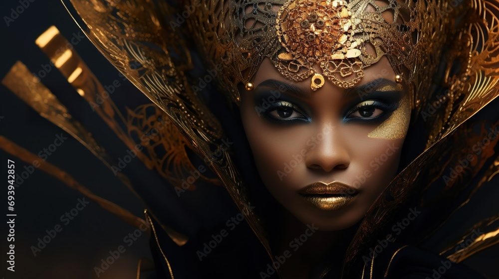 african queen with golden crown and jewelry, portrait of black woman in ...