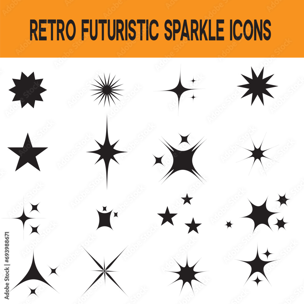 Retro futuristic sparkle icons collection. Set of star shapes. Abstract cool shine effect sign ...