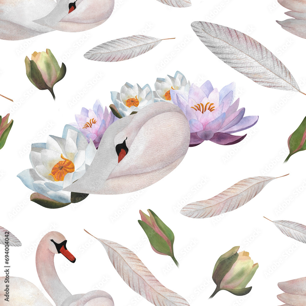 Watercolor swans and waterlilies seamless pattern Cute floral print ...