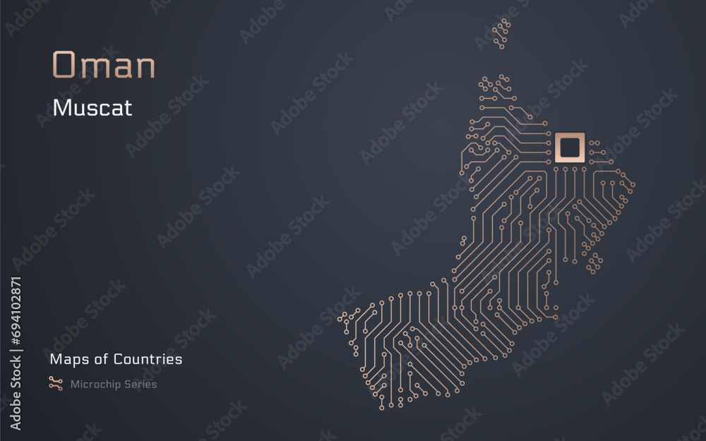 Oman Map with a capital of Muscat Shown in a Microchip Pattern with ...