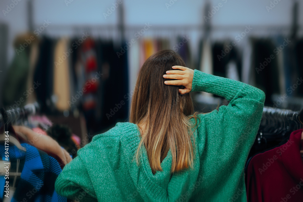Puzzled Woman Thinking What to Buy in a Fashion Store. Undecided ...