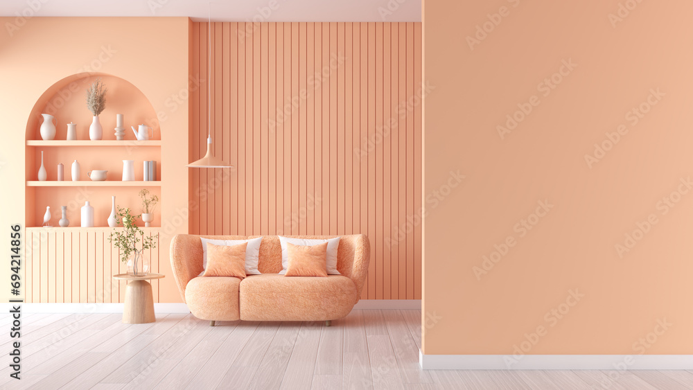 Peach fuzz room ,minimal interior livingroom. peach Sofa with peach ...