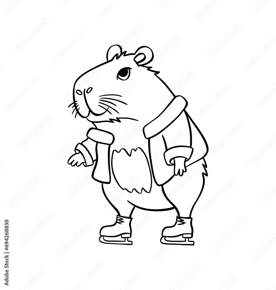 Cute capybara ice skating. Vector illustration hand drawn. For coloring ...