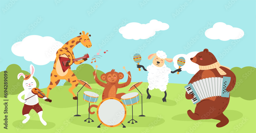 Cartoon forest animals concert. Cute zoo musicians play music with ...