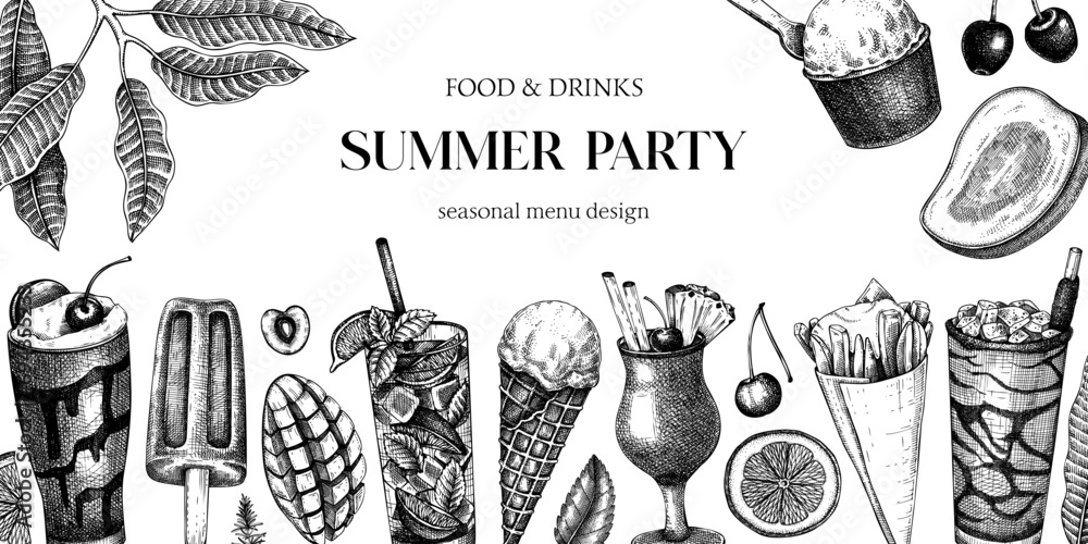 Summer party background. Non-alcoholic beverage, mocktail, ice cream ...