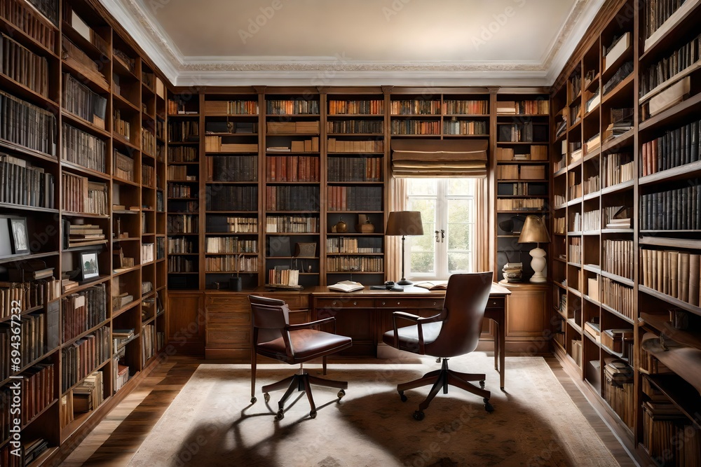 A study room with floor-to-ceiling bookshelves, a large oak desk, and a ...
