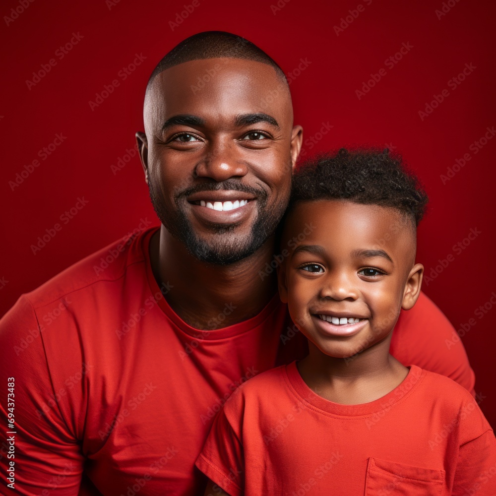 Happy African father and child in red shirts standing on a red ...