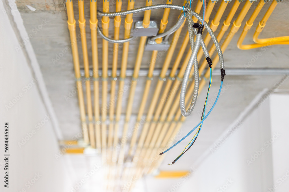 LAN network wire install in construction building with metal steel ...