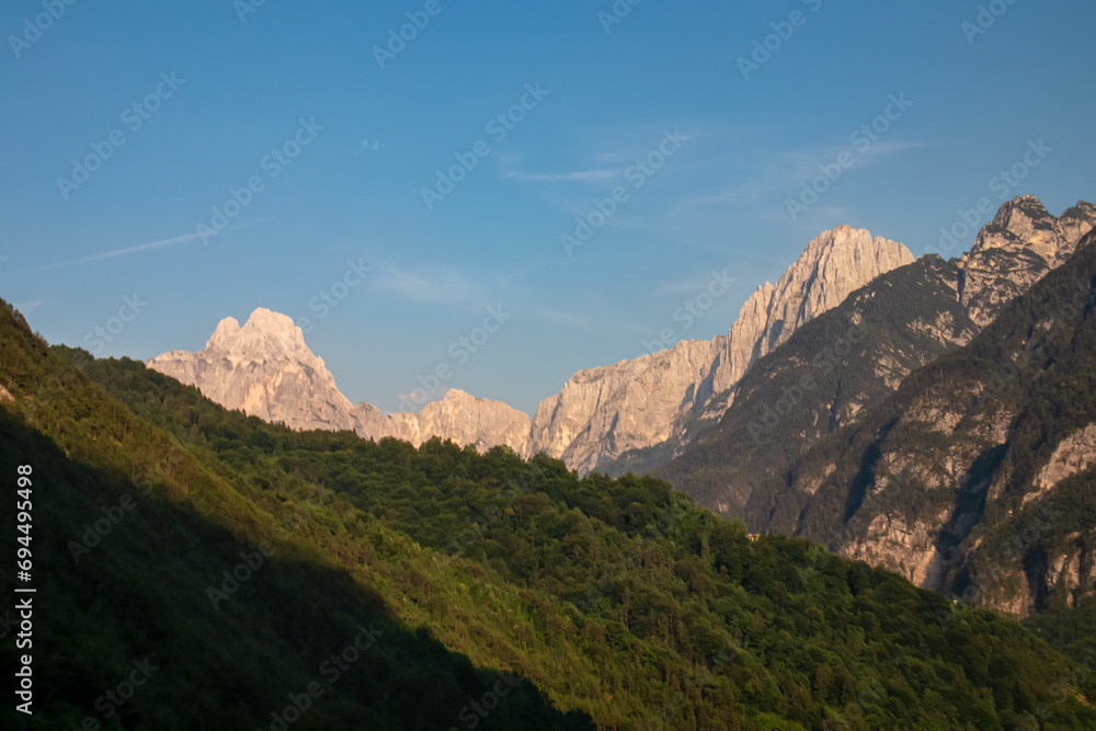 Scenic view of the steep mountain ranges of the Ligurian Alps, border ...