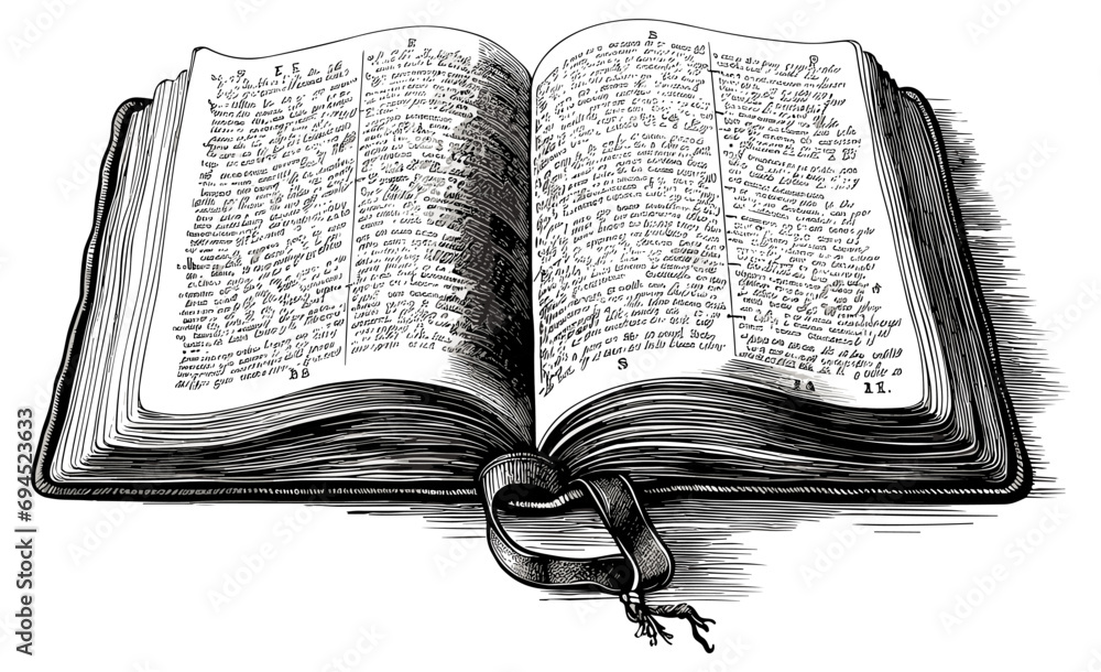 Open ancient book sketch. Opened bible engraving, diary etched drawing ...