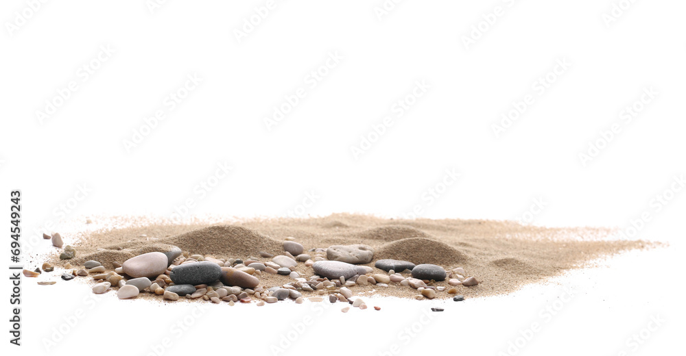 Sand pile scatter with small pebbles isolated on white background and ...