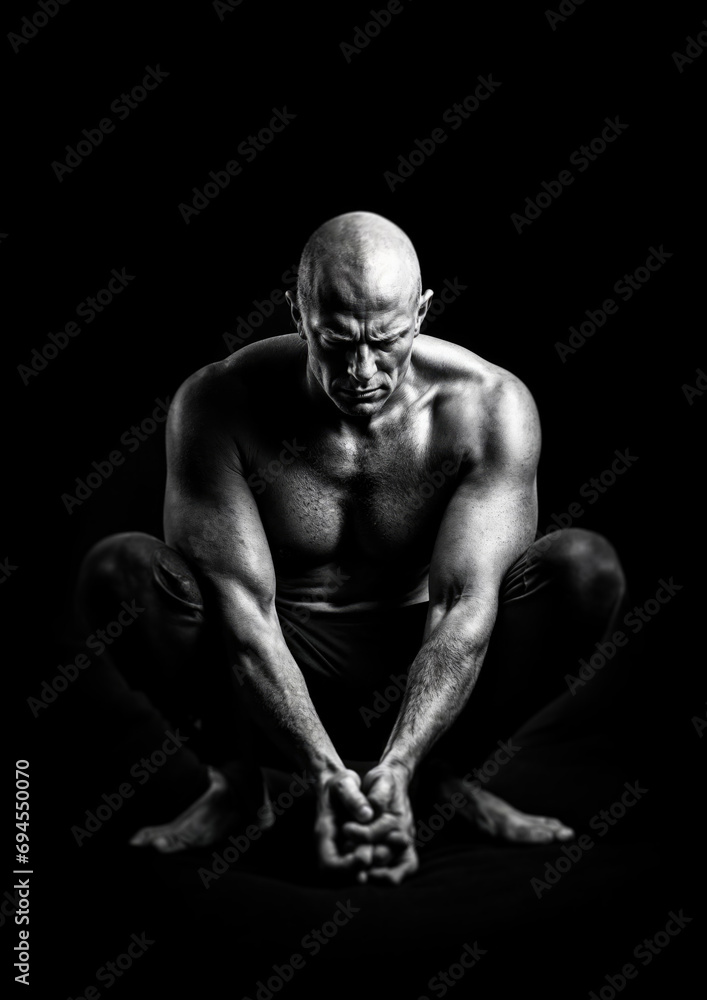 Black and white photo of a bodybuilder, middle aged, bald, handsome and ...