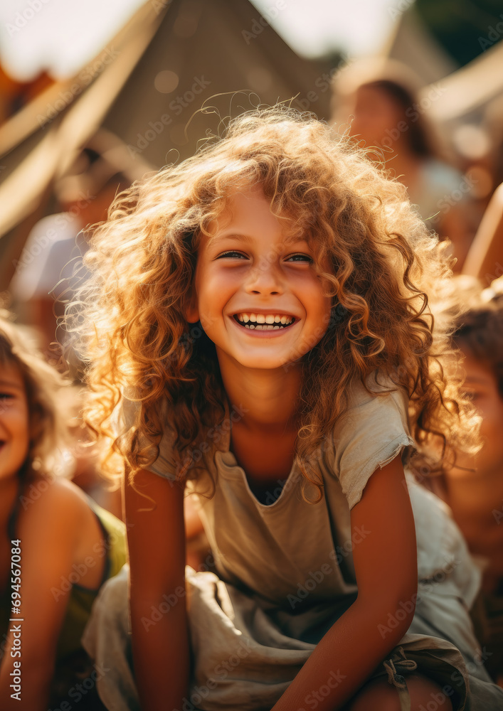 happy child in children's summer camp, boy, girl, tent, forest, scout ...