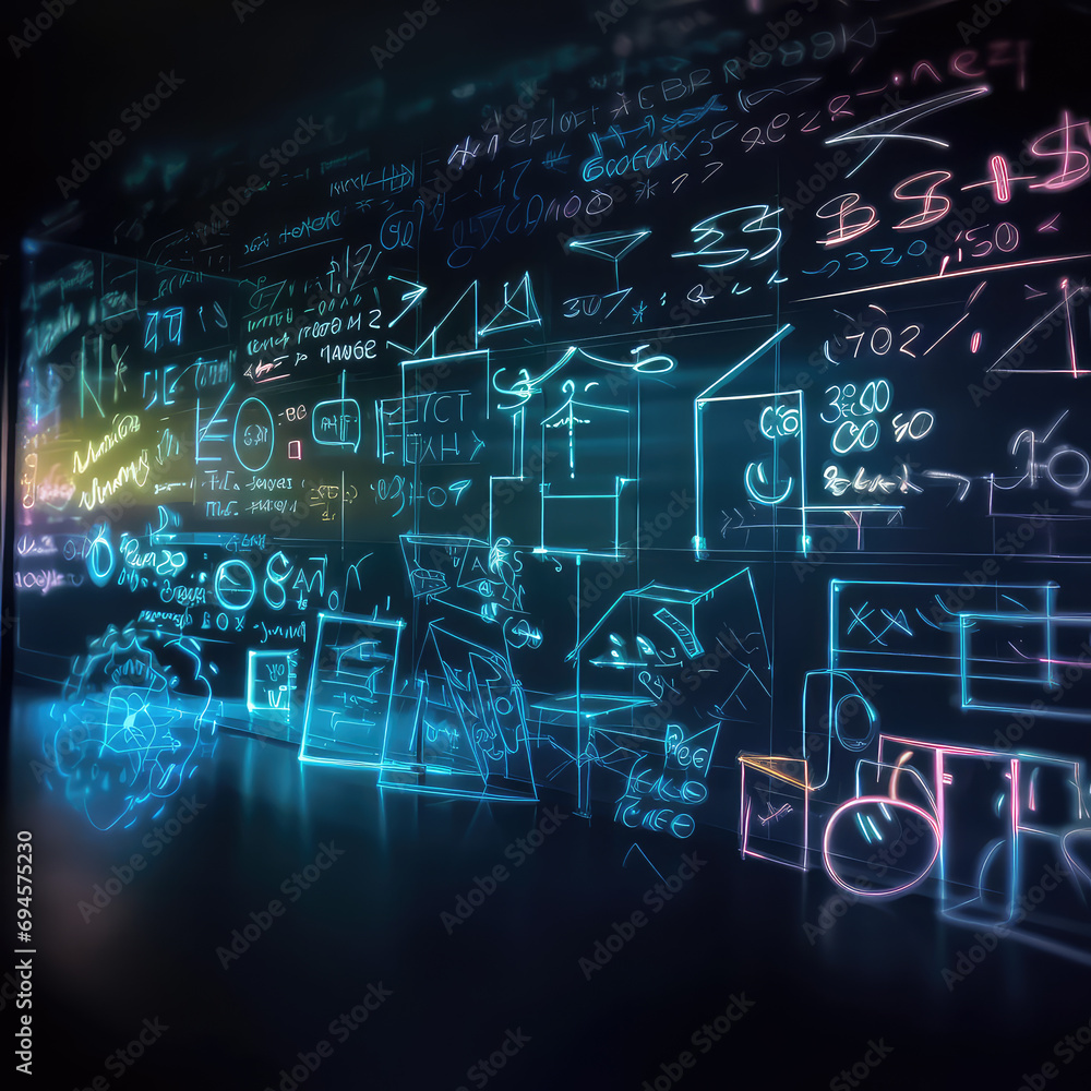 Neon formulas, calculations, math marks, block diagram, flowchart ...